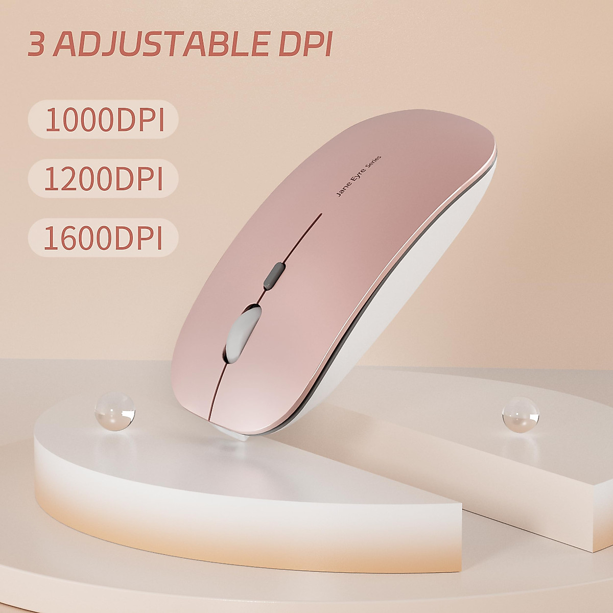 Uciefy Q5 Slim Rechargeable Wireless Mouse, 2.4G Portable Optical Silent Ultra Thin Wireless Computer Mouse with USB Receiver and Type C Adapter, Compatible with PC, Laptop, Desktop (Rose Gold)