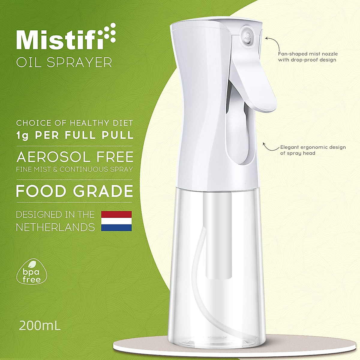 Mistifi Oliver Oil Sprayer for cooking, Spray bottle 6oz, Non-Aerosol Refillable Dispenser Oil Mister FS600 Less is More