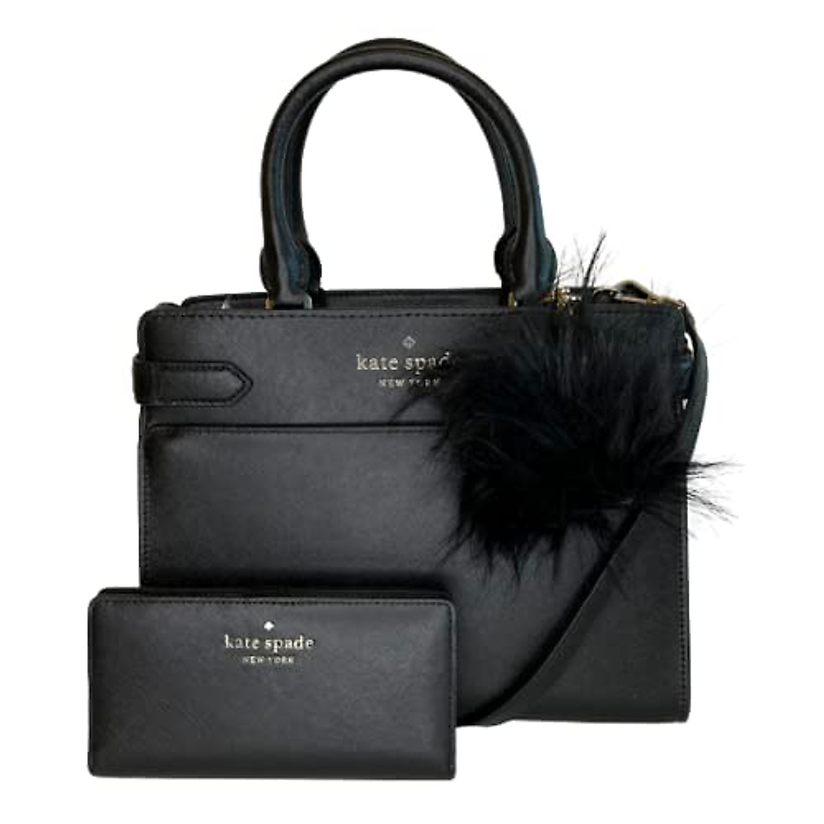 Kate Spade New York Staci MD Satchel bundled with matching Slim Bifold Wallet and Fur Pom (Black)