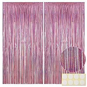 RUBFAC Pink Tinsel Backdrop for Pink Party Decorations, Pink Foil Fringe Curtain, 6.4x8 Feet, Pack of 2, Pink Streamers Decorations for Princess Birthday Bachelorette Wedding