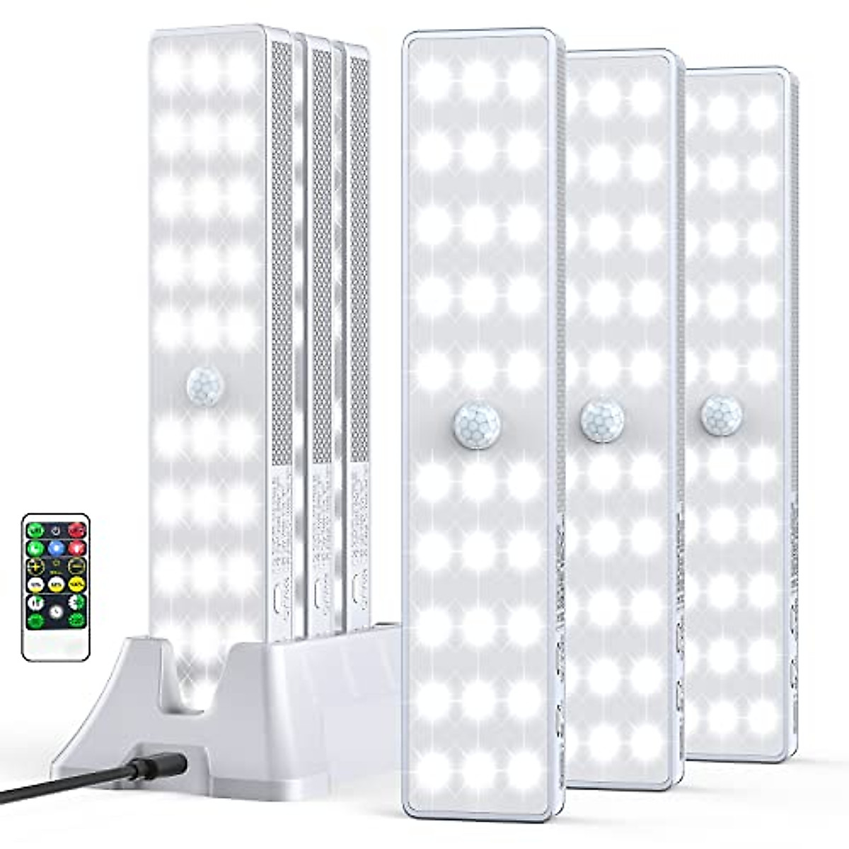 LED Closet Light with Charging Station, 30LEDs Dimmer Rechargeable Motion Sensor Under Cabinet Lighting with Remote Control, Wireless Stick-Anywhere Night Light for Wardrobe,Kitchen-6 Pcs