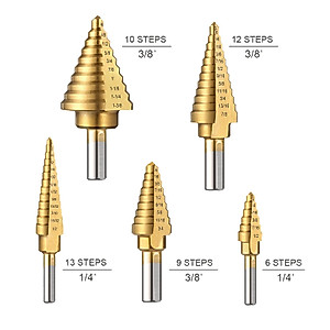 6pcs High Speed Steel Titanium Plated Step Drill Set Plus Center Positioner with Aluminum Storage Index Box Can be Used for Sheet Metal Wood (6pcs Titanium Step Drill bits)…