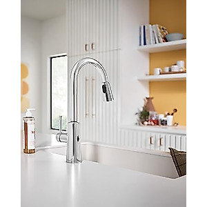 Moen 7402EW Riley Single Handle Chrome High Arc Pull Down Kitchen Faucet with Motionsense Wave, Power Clean Spray Technology, and Reflex System, Sensor, Modern, Aa Batteries