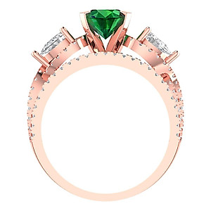 Clara Pucci 2ct Round Cut Solitaire 3 stone Simulated Emerald Engagement Promise Anniversary Bridal Ring Band set 14k Rose Gold 8.25