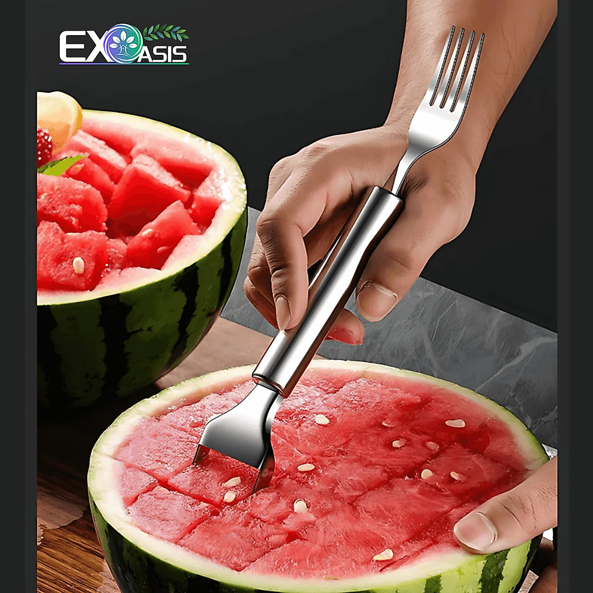 𝟑+𝟏 𝐏𝐂𝐒 Watermelon Cutter Slicer Tool Set, Stainless Steel, 2-in-1 Watermelon Fork Sicer Cut Watermelon into Cubes Knife (Updated Wide Cutter (1.34 ins))