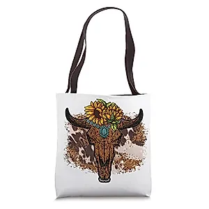 Cute Cow Print Decor Sunflower Country Boho Western Bull Tote Bag