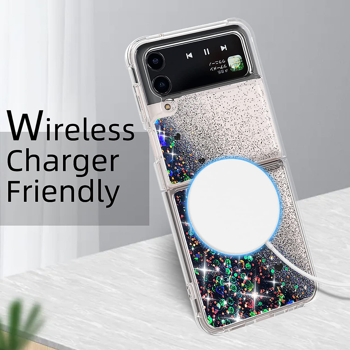 Fcclss Cell Phone Case for Samsung Galaxy Z Flip 4 Case, Samsung Z Flip 4 Case Glitter Sparkle Quicksand Flowing Floating Liquid Case Heavy Duty Shockproof for Women Girls Men, Black