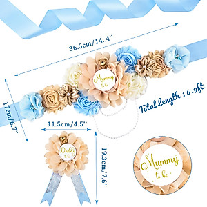 SUSSURRO Teddy Bear Maternity Sash Mummy to Be Daddy to Be Corsage Pin Set Blue Flower Baby Shower Sash Belly Belt for Gender Reveal Bear Baby Shower Decorations