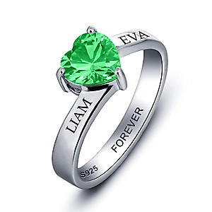 GLAMCARAT Personalized heart sterling silver ring mother’s jewelry with 1 birthstone heart shape engraved customized name birthstone ring with 1 stone