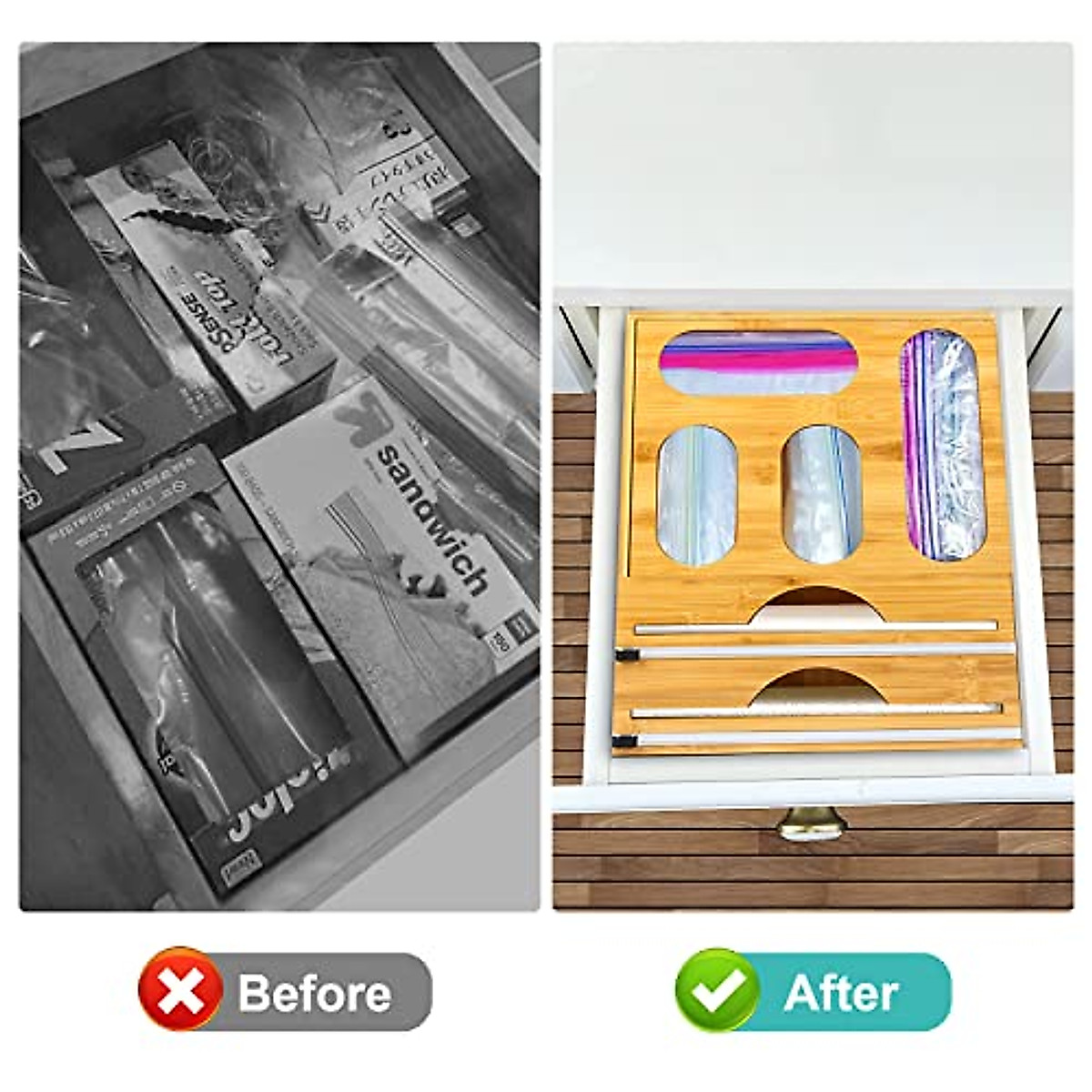 Bamboo Ziplock Bag Organizer, TWSOUL 6-IN-1 Foil and Plastic Wrap Dispenser with Organizer, Wall-mounted Wrap Organizer with Cutter for Storing Gallon, Quart, Snack Bags and Cutting Plastic Wrap, Foil