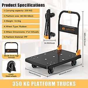 Eewudwok Dolly Cart, Platform Truck Push Cart with 770 Lbs Capacity, Silent Wheels, One-Handed Folding, Large Flat Hand Truck Trolley for Moving Shopping Storage (L)