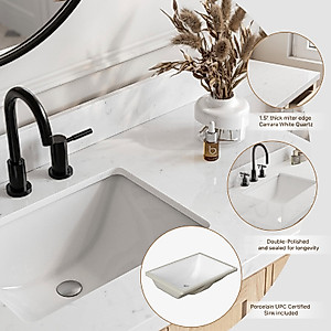 ARIEL Cambridge 42 Inch Oak Bathroom Vanity with Sink, Carrara White Quartz Countertop 1.5 inch Edge and backsplash, Soft Closing Door and Drawer, Matte Black