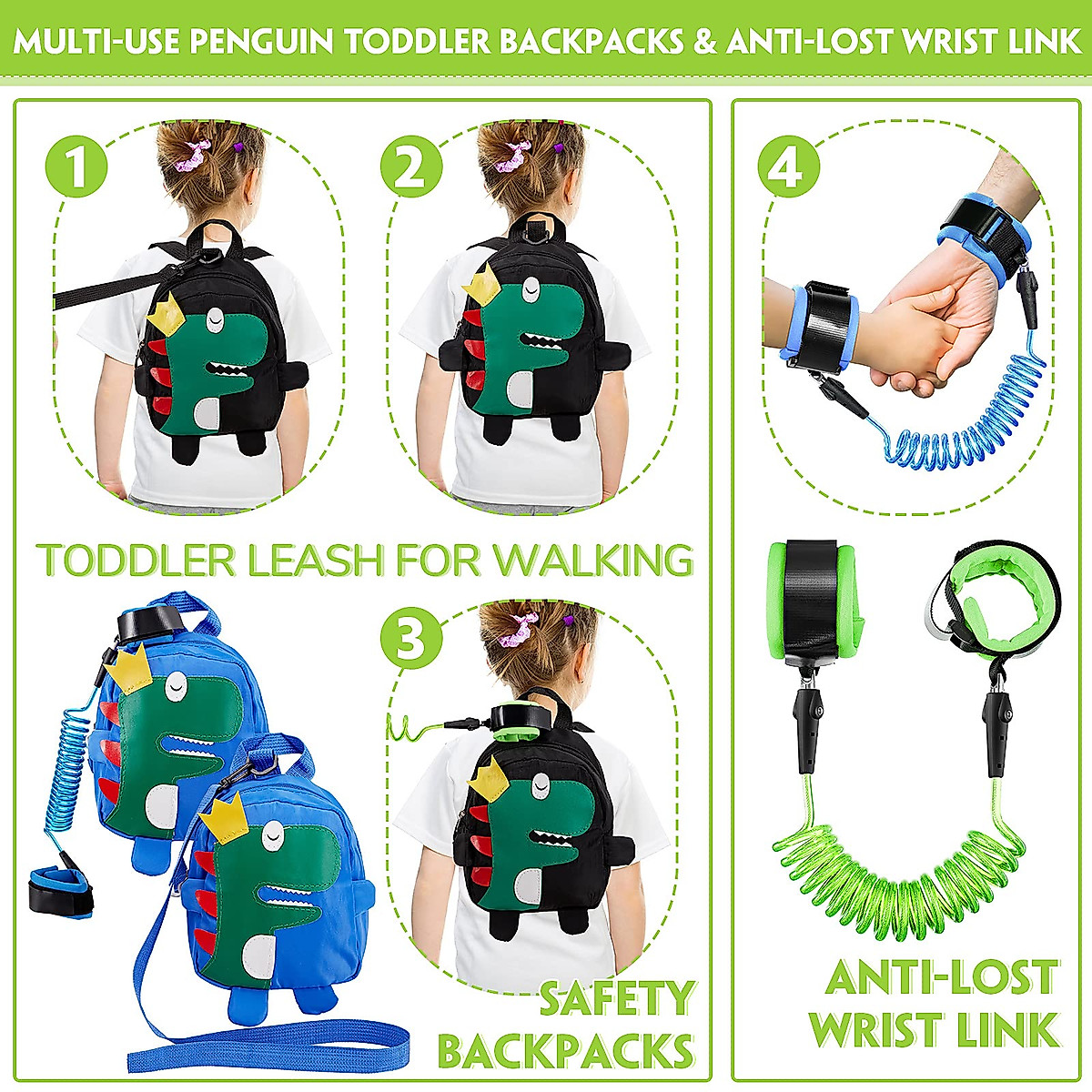 4 Pieces Toddler Leashes Dinosaur Toddler Backpack Leash Kids Backpack Harness with Leash Cute Backpack Anti-Lost Rope Toddler Safety Belt Anti Lost Wrist Link for 3-5 Years Old Kid Girl Boy