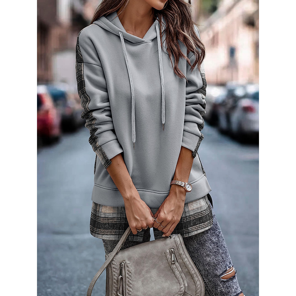 KIRUNDO Womens Hoodies Fashion Fall Casual Long Sleeve Plaid Patchwork Hooded Sweatshirts Y2K Clothes Pullover(Grey, Large)