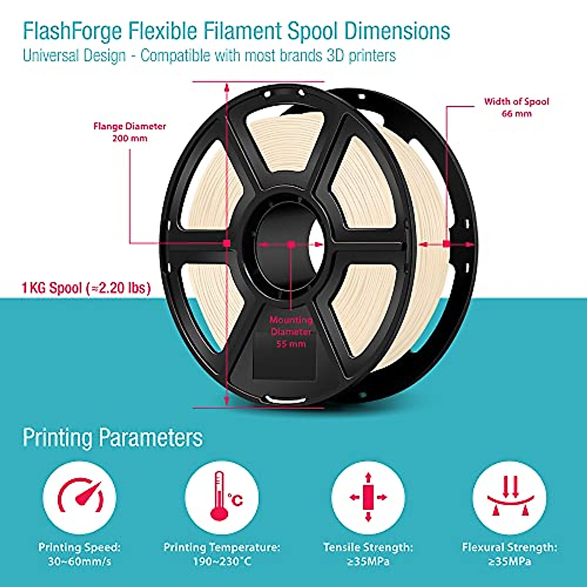 FLASHFORGE Flexible 3D Printer Filament, 1.75mm (Clear/Natural Color), 1kg Spool (2.2lbs), Guaranteed Fresh,Tangle-Free, Fits Most FDM Printers [Risk-Free]