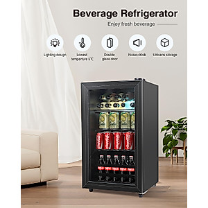 EUASOO FLB-60 Refrigerator Cooler-120 Can Freestanding Beverage Cooler with Glass Door-Small Drink Dispenser Machine for Office or Bar with Adjustable Removable Shelves, Black