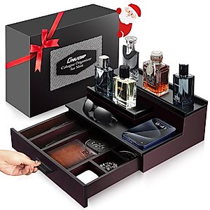 ONUEMP Wooden Cologne Organizer for Men, Perfume Organizer for Dresser, Cologne Stand with Hidden Storage and Drawer, Cologne Holder Tray Shelf, Fragrance Organizer Display Stand Rack, Gifts for Men