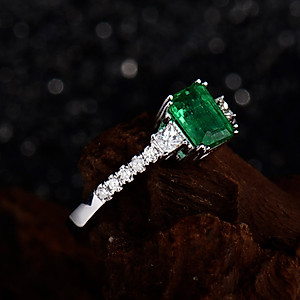 Lanmi Solid 14K White Gold Natural Green Emerald Rings Engagement Wedding Diamond Band for Women Promotion