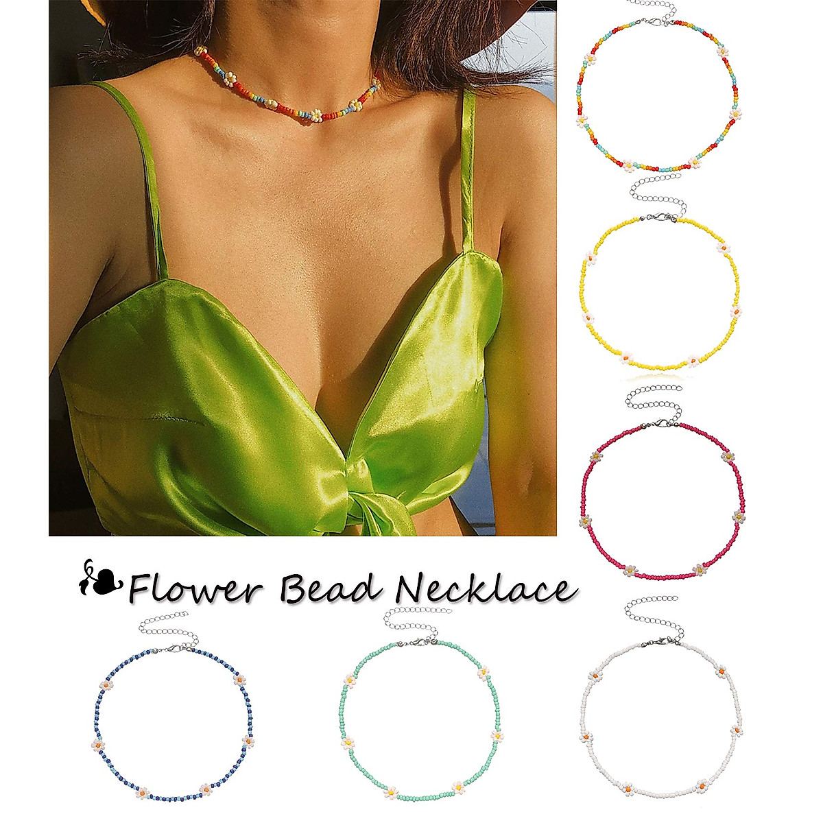 GYSONG Beaded Choker Necklaces For Women Vsco Boho Handmade Flower Necklace Cherry Cute Necklace For Women Beach Necklace Set 6 Pieces