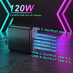 USB C Fast Charger, CHANEDE 120W Compact 5 Port USB C Charging Station,Laptop Portable USB C Wall Charger PD Adapter 3 USB C and 2 QC USB A for Notebook MacBook Pro/Air, Galaxy, iPhone, Dell XPS IPad