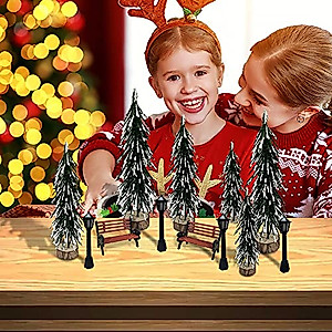 13 Pieces Mini Artificial Christmas Tree Set with Christmas Village Houses 4 Pieces Xmas Street Lamp Post and 2 Pieces Miniature Park Bench Seat for Christmas Table Top Decor