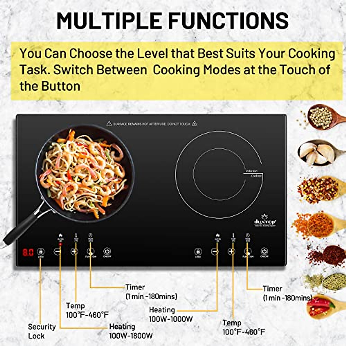 Duxtop Built in Induction Cooktop 2 Burner, 1800W Double Induction Burner with Temperature Control, Sensor Touch Electric Countertop Burner with Timer and Safety Lock, Easy to Clean, BT-K35