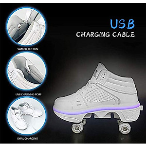 LDTXH Automatic Walking Shoes Invisible Roller Skate, 2-in-1 Parkour Shoes/Inline Roller Skating Shoes, Double-Row Quad Roller Skates Outdoor Sports Kick Rollershoes,White with Light,7.5