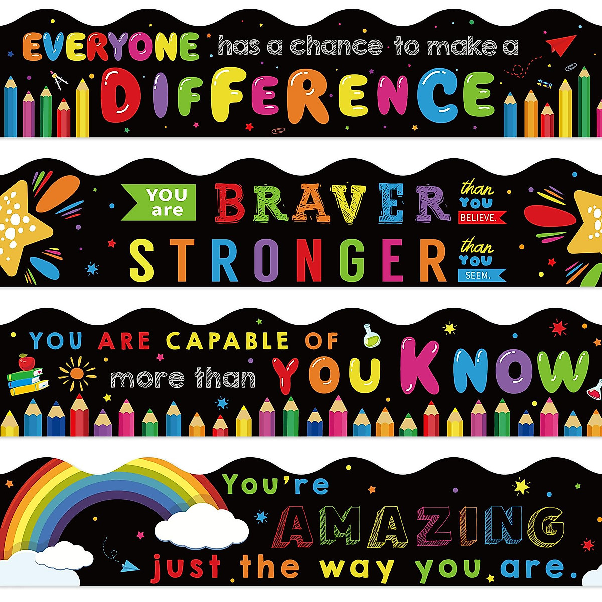 AnyDesign 69ft Inspirational Quote Bulletin Board Borders Growth Mindset Motivational Board Borders Stickers Scalloped Borders Trim for School Classroom Chalkboard Office Wall Party Decor,60Pcs