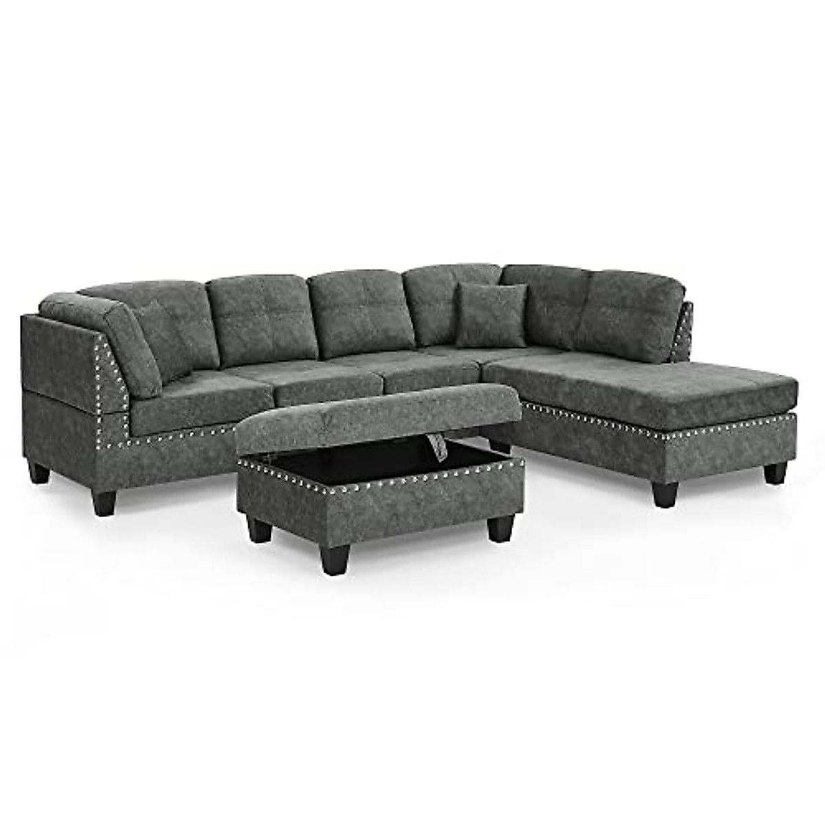 UBGO Furniture, L-Shape Set,Modern Upholstered Living Room Sectional Reversible Chaise,Couches Sofas for Large Space Dorm Apartment-Gray