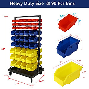 90 Parts Bin Rack Garage Storage Unit System Steel Shelf 9 Tiers, Mobile Organizer Portable Wheels Plastic Bins Garage Shelving Tool Shop, Floor Mount for Men Birthday Gift