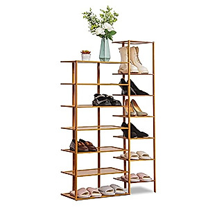 MoNiBloom Bamboo 14 Tier Shoe Rack for Entryway Vertical Double Row Shoe Storage Space Saving Shoe Organizer for 26-30 Pairs Entryway Hallway Corner Bedroom, Brown
