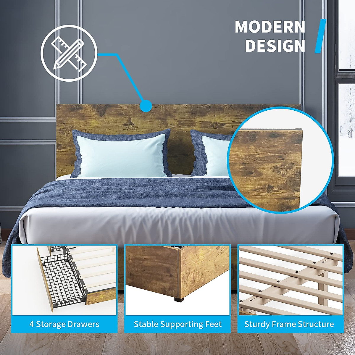 Mjkone California King Size Bed Frame with Storage, Rustic Cal King Size Platform Bed with Headboard, Platform Bed Frame with 4 Drawers, Wood Slat Support, No Box Spring Needed, Easy Assembly