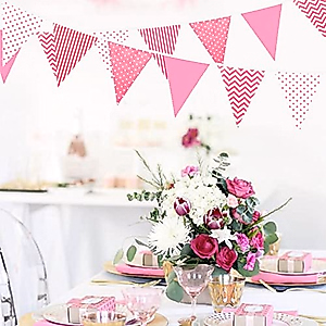 32Ft Hot Pink Striped Dot Pennant Banner Fabric Triangle Flag Bunting Garland Streamers for Wedding Birthday Baby Bridal Shower Party Home Nursery Outdoor Garden Hanging Festivals Decorations