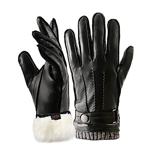 VIKIDEER Super Warm Fur Gloves Mens Leather Gloves Real Rabbit Fur Lined Touchscreen Driving Gloves Black Large