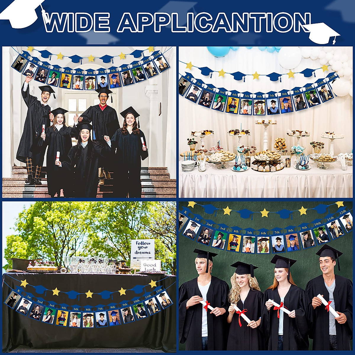 Whaline 2Pcs Graduation Photo Banner, Congrats Grad Banner, No DIY Require Hanging Bunting, Kindergarten to 12th Grade Picture Garland, Black Gold Glitter Banner for Grad Party Decor, 5 x 7 inch