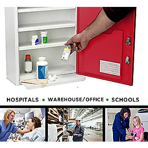 AdirMed Medicine Cabinet with Pull-Out Shelf & Document Pocket - Large Dual Lock Wall Mounted Steel Medical Organizer - Secure Storage for Medicine First Aid and Emergency Kit (Red)