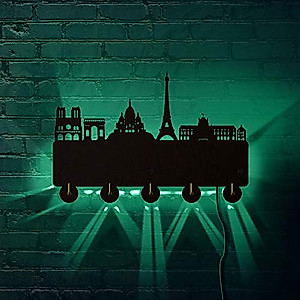 Paris Skyline Coat Key Holder Wall Hanger Wood Wall Art Decor Unique Gadgets for Kitchen Bathroom