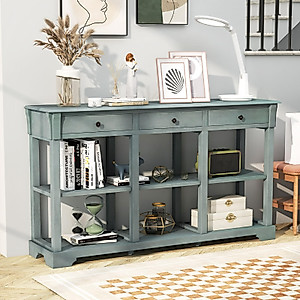 KOTEK 58'' Console Table with Storage, Retro Entryway Table with 3 Drawers and Open Shelves, Solid Wood Legs, Long Sofa Table, Hallway Table for Entryway, Living Room