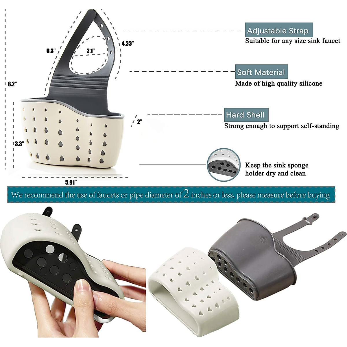 JAKENHAM 2Pack Sink Hanging Sponge Holder,Sink Caddy Sponge Holder Soap Holder,Hanging Ajustable Strap Faucet Caddy with Drain Holes for Drying,Beige