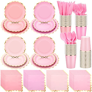 Yaomiao 168 Pcs Disposable Dinnerware Set Party Supplies, Scalloped Paper Plates Cups Napkin with Gold Foil Plastic Forks Knives Spoons Serve 24 Guests for Birthday Baby Shower (Pink,Round)