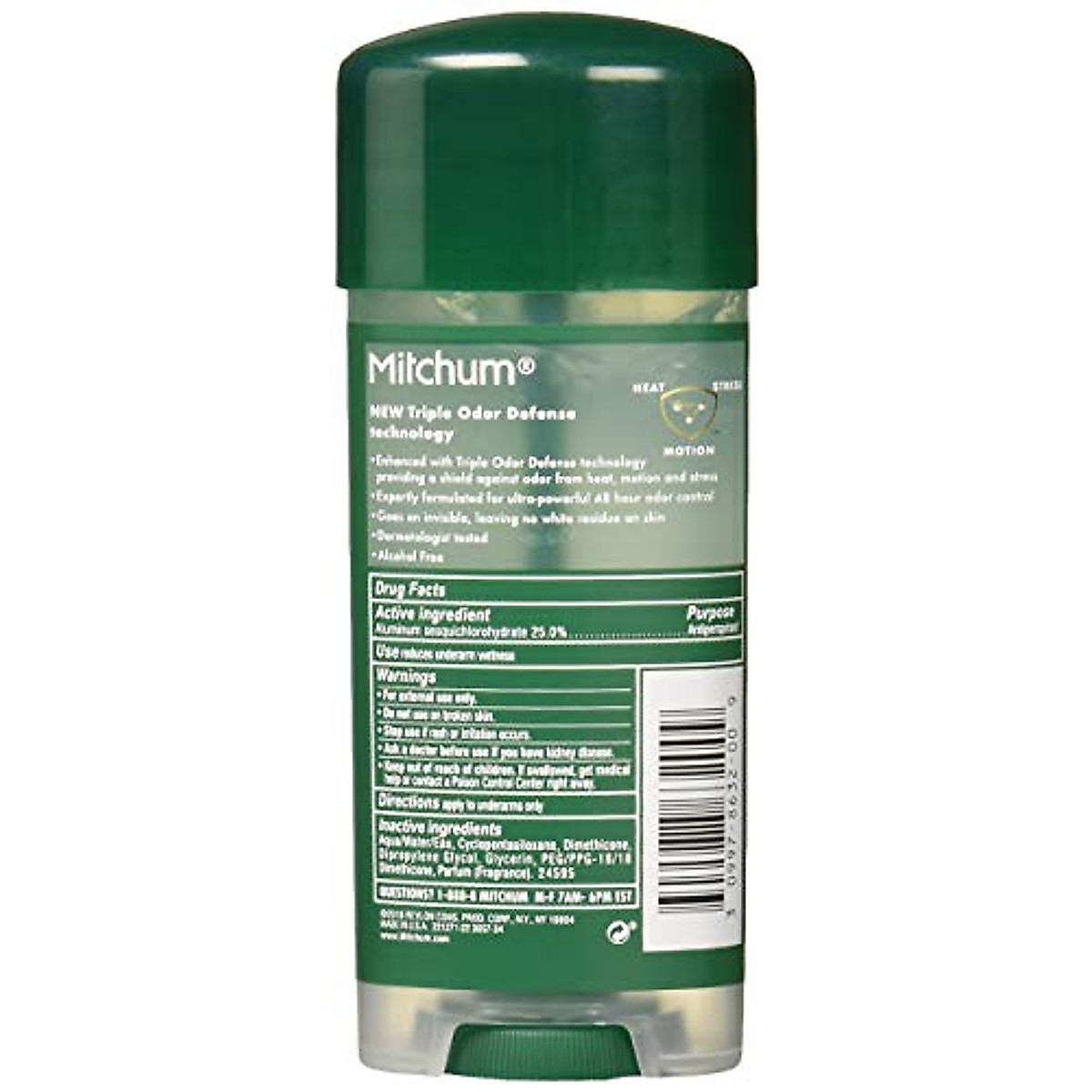 Mitchum Antiperspirant Deodorant Stick for Men, Triple Odor Defense Gel, 48 Hr Protection, Dermatologist Tested, Alcohol Free, Unscented, 3.4 oz, green