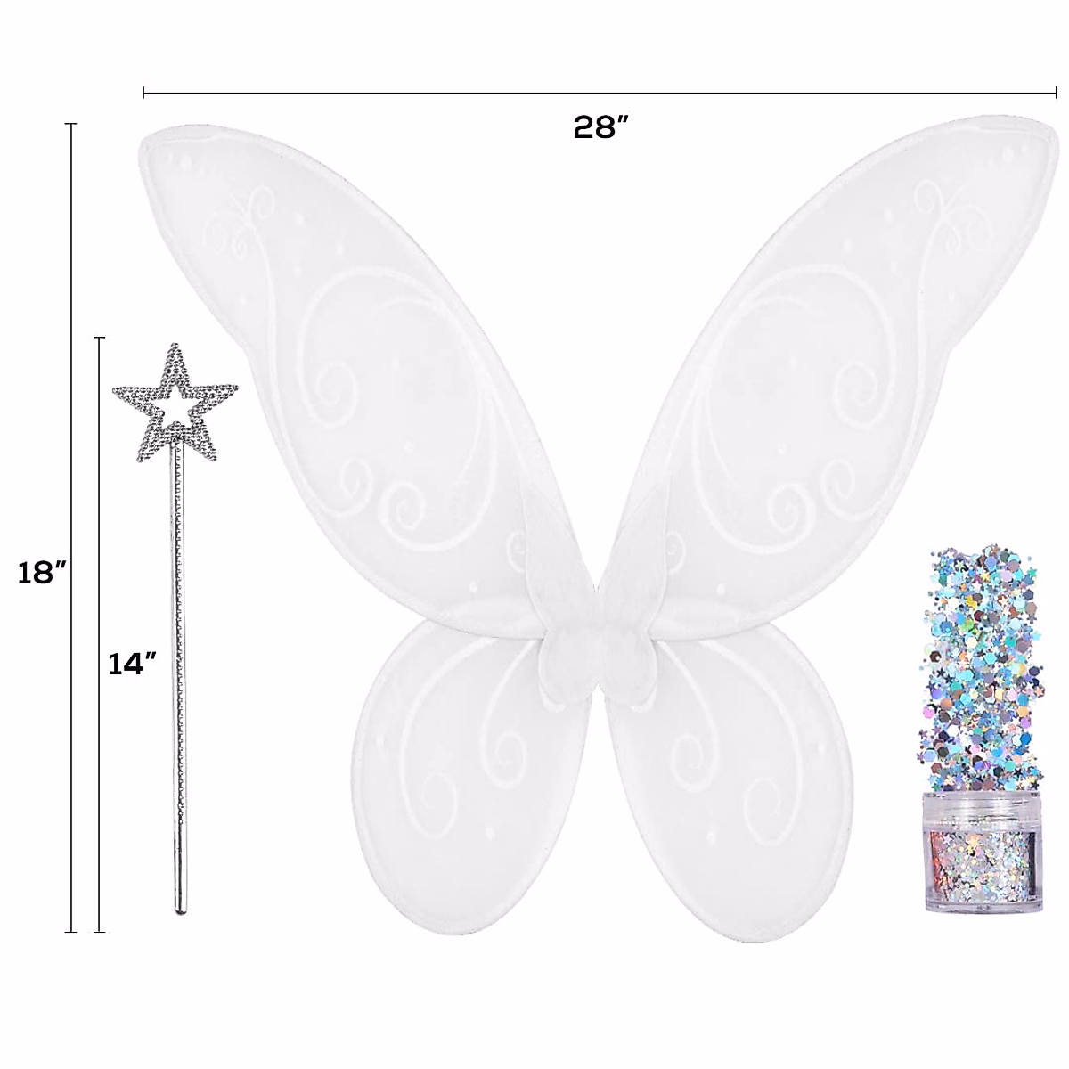 Funcredible Fairy Costume Accessories - White Fairy Wings and Fairy Star Wand, Glitter - Tooth Fairy Cosplay Outfit for Women and Girls