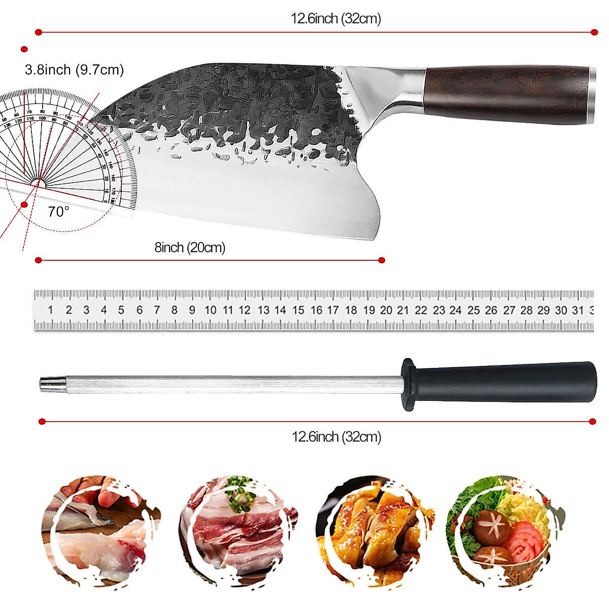 LONSDOW Serbian Butcher Knife Full Tang Forged Handmade Professional Kitchen Chef Knife Cleaver with Knife Sheath Sharpener