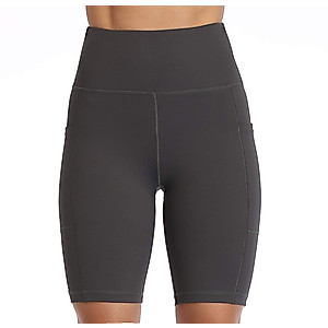 Amazon Essentials Yoga Biker Workout Shorts for Women Side Pockets Gym Running Compression High Waist Short 1360-Dark Grey-L
