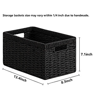 UBBCARE 2 Pack Wicker Basket, 13.4L×8.3H×7.1W inch Woven Paper Rope Storage Baskets for shelves, Foldable Rectangular Storage Baskets with Handle, Storage Basket for Organizing, Black