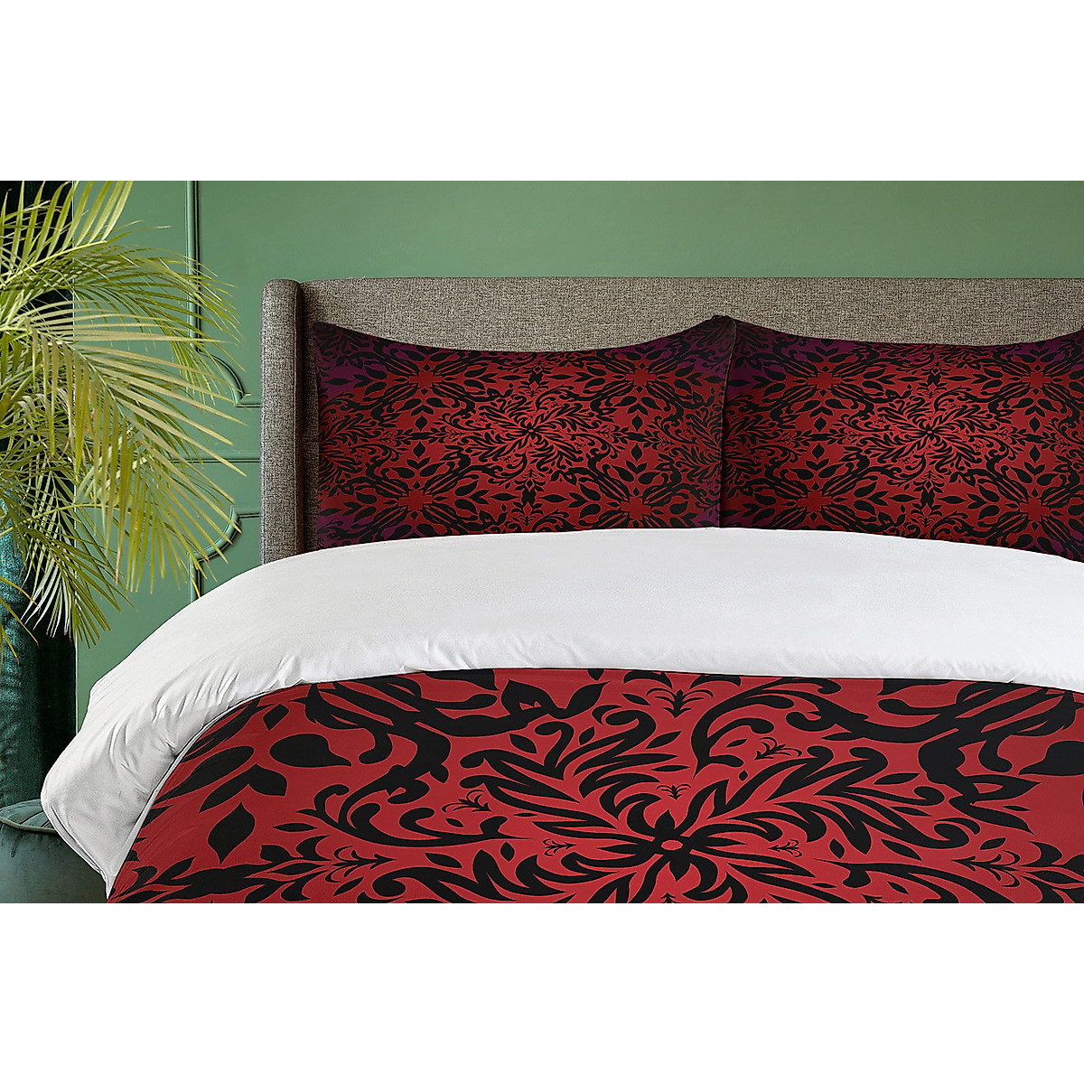 Ambesonne Oriental Duvet Cover Set, Mandala Inspired Curly Flowers and Leaves Details Frame Illustration, Decorative 3 Piece Bedding Set with 2 Pillow Shams, King Size, Vermilion and Black