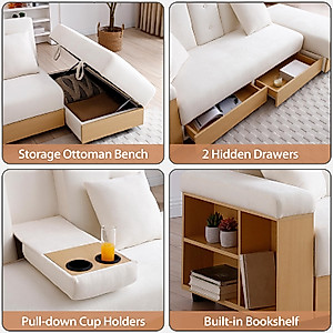 cinkehome 85" Convertible Sleeper Sofa with Adjustable Backrest, Multifunctional Couch Bed for Living Room, Storage Ottoman, Built in Drawer, Bookself and Cup Holders, Comfy Cotton-Linen, Beige