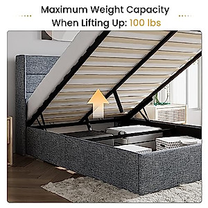 SHA CERLIN Full Size Lift Up Storage Bed/Modern Wingback Headboard/Upholstered Platform Bed Frame/Hydraulic Storage/No Box Spring Needed/Wood Slats Support/Grey Blue