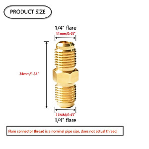 HQMPC Brass Flare Connector Gas Adapter Union Brass Flare Fitting Gas Connector Gas Fititng 1/4" FlareX1/4" Flare 12Pcs