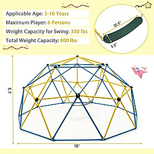 HONEY JOY 10FT Climbing Dome with Swing, Upgrade Jungle Gym Monkey Bar for Backyard, Outdoor Climbing Toys for Toddlers Playground Equipment, Supports 800 LBS, Geometric Dome Climber for Kids Age 3-10